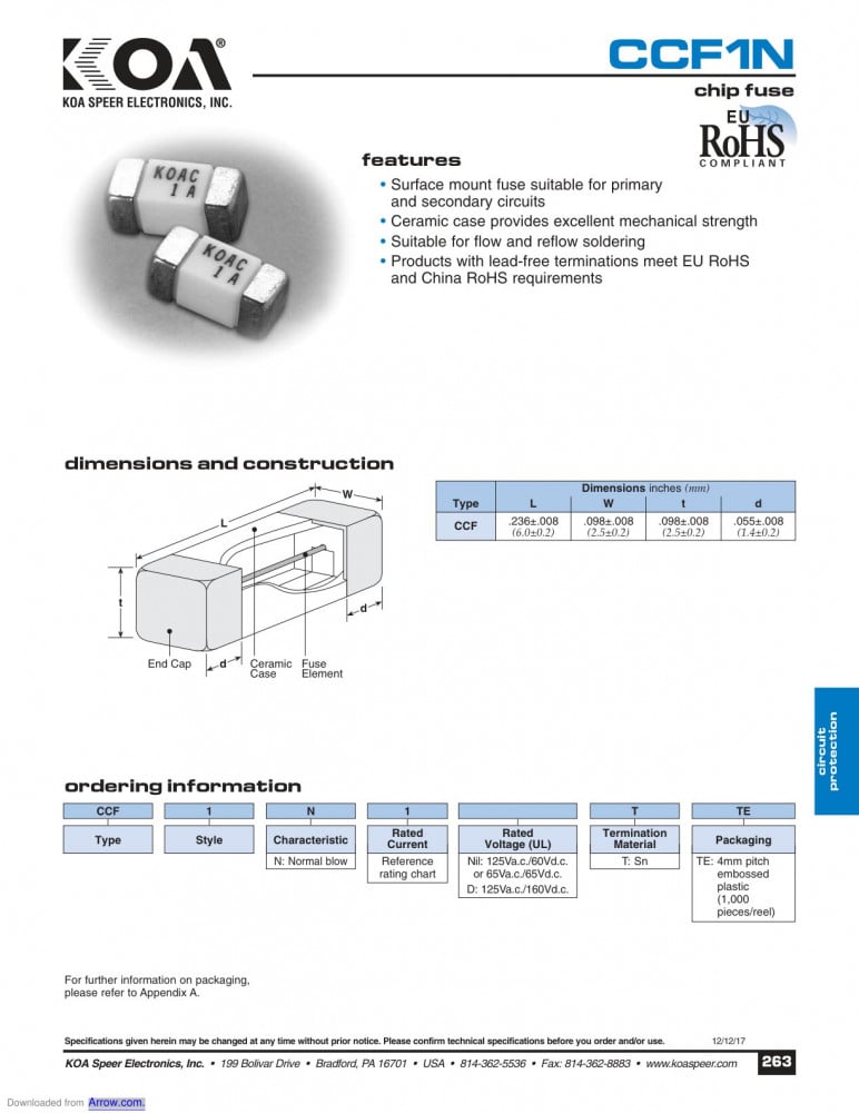 KOA CCF series fuse datasheet page 1