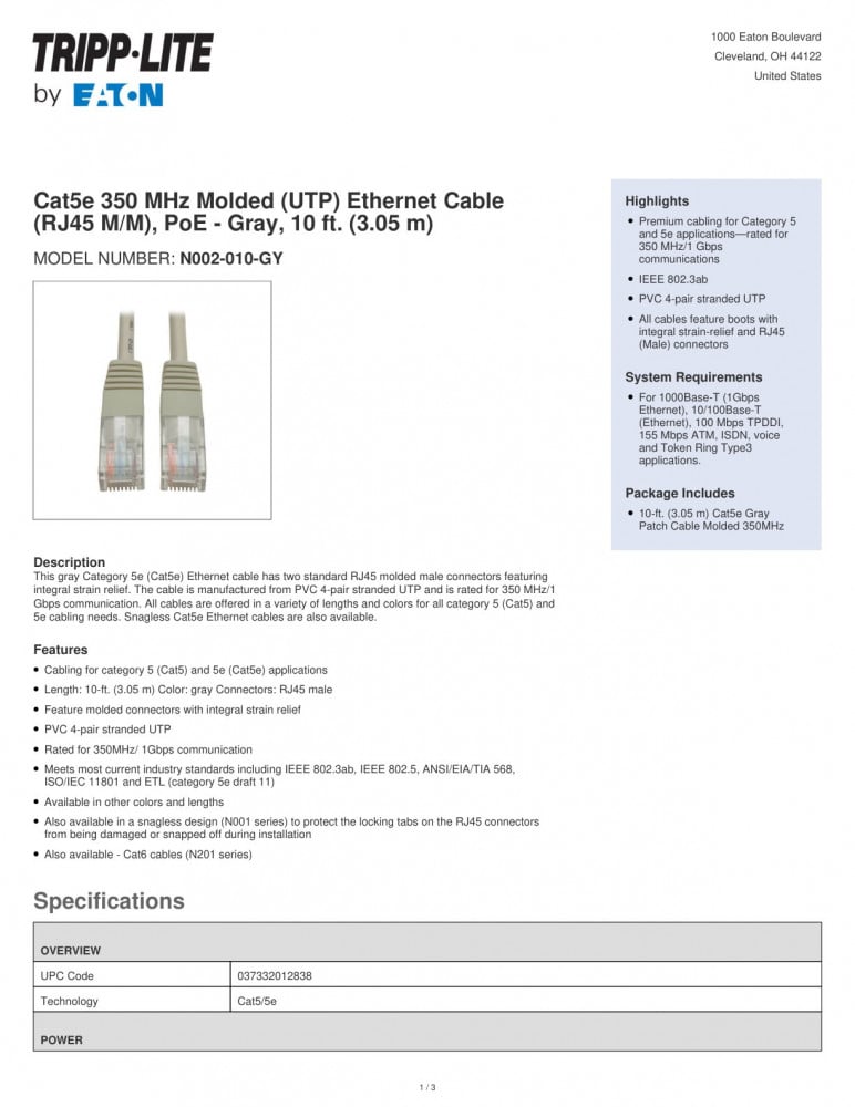 EATON N002-010-GY technical document page 1