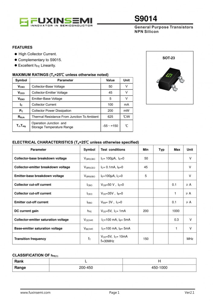 S9014 datasheet page 1