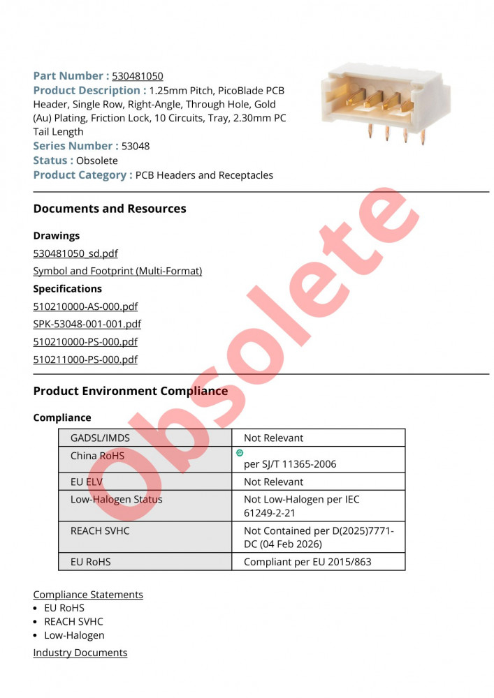 Technical document page 1 for Molex 530481050