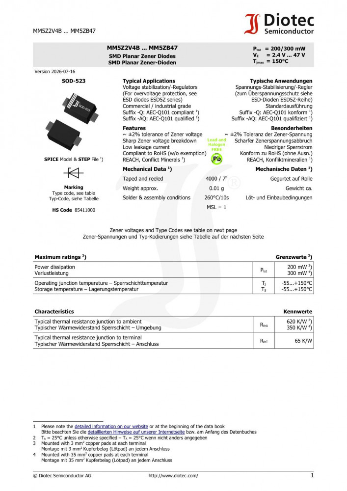 DIOTEC MM5Z series datasheet page 1