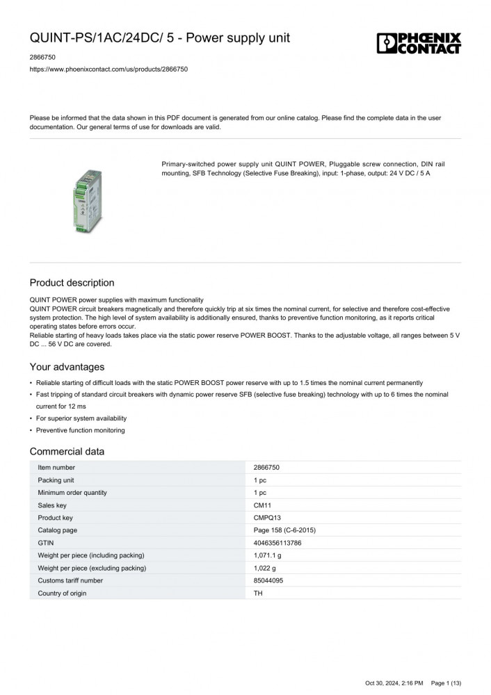 Phoenix Contact 2866750 technical document page 1