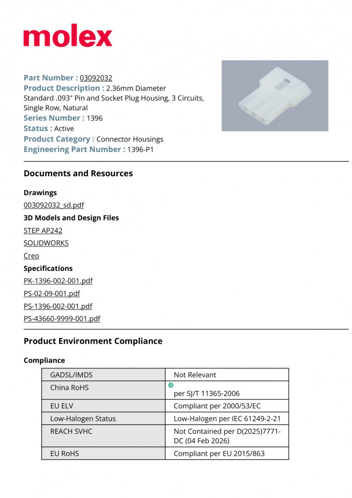 Molex .093 Standard Pin and Socket connector document page 1