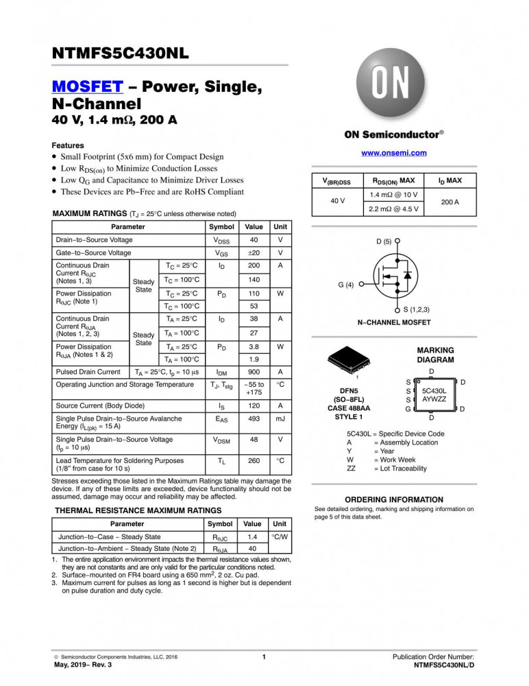 NTMFS5C430NLT1G datasheet page 1