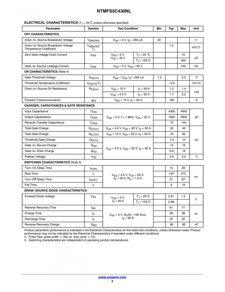 NTMFS5C430NLT1G datasheet page 2