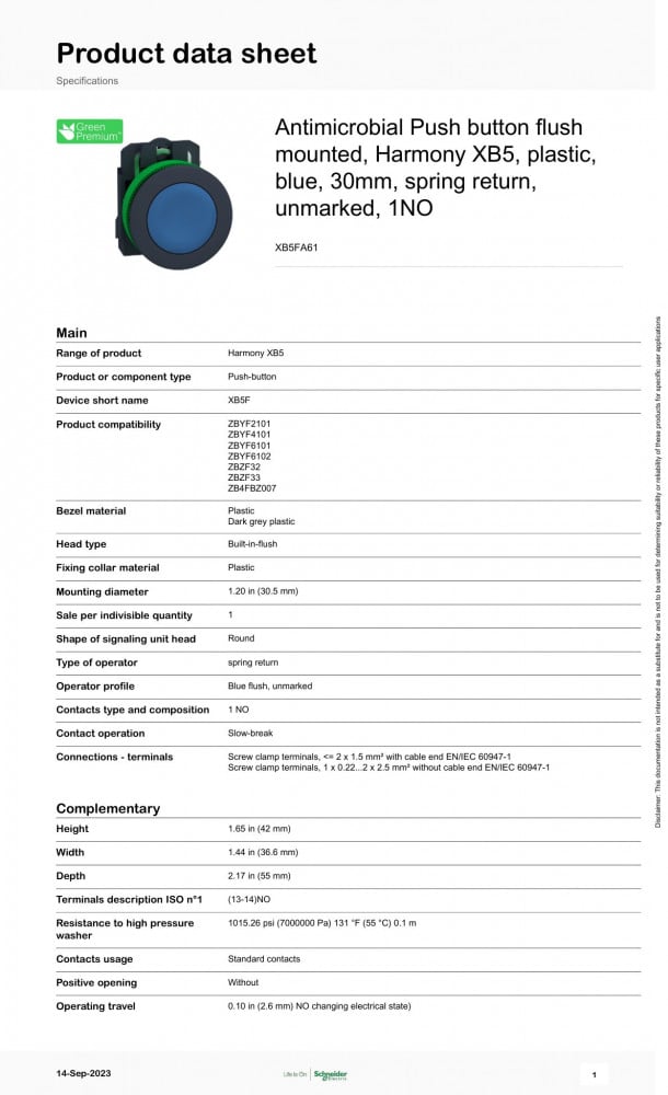 XB5FA61 technical document page 1