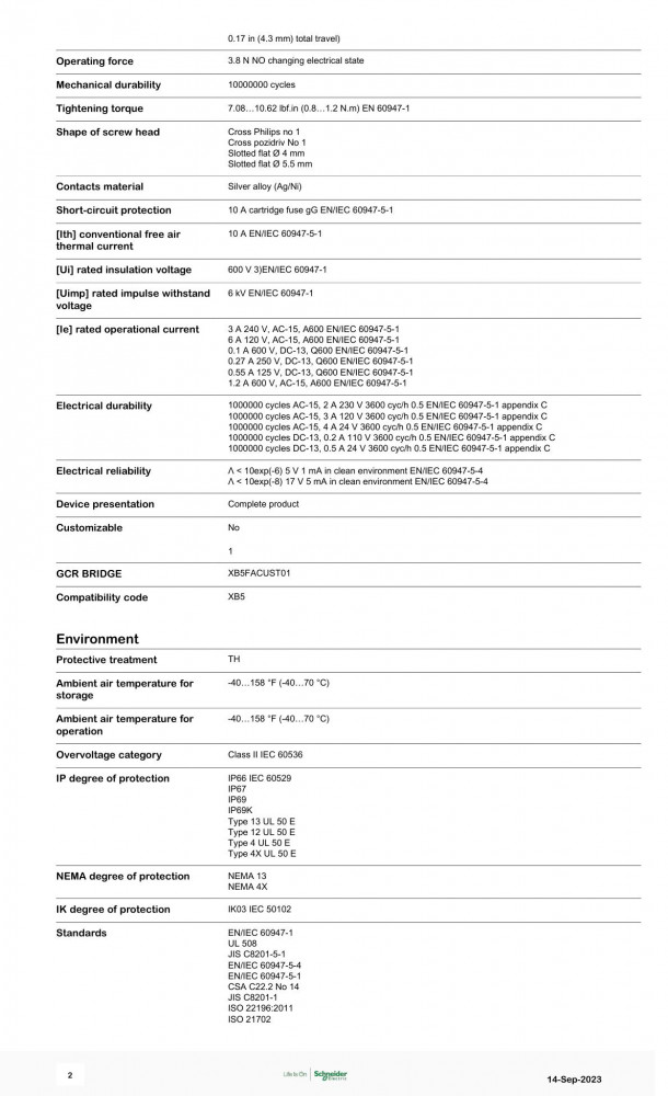 XB5FA61 technical document page 2