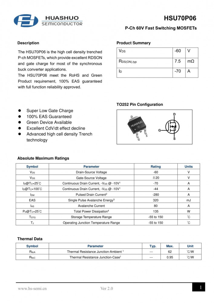 HSU70P06 technical document page 1