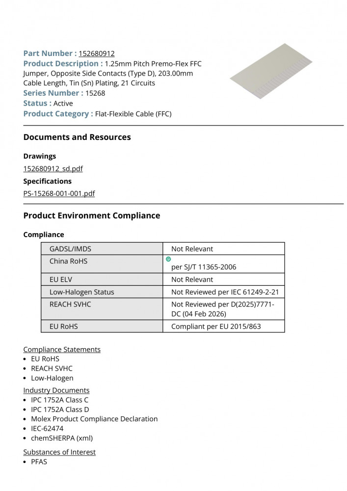 Molex 1.25 mm pitch FFC family specification page preview 1