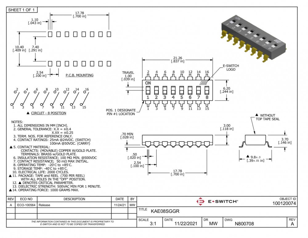 E-Switch KAE08SGGR technical drawing and specifications