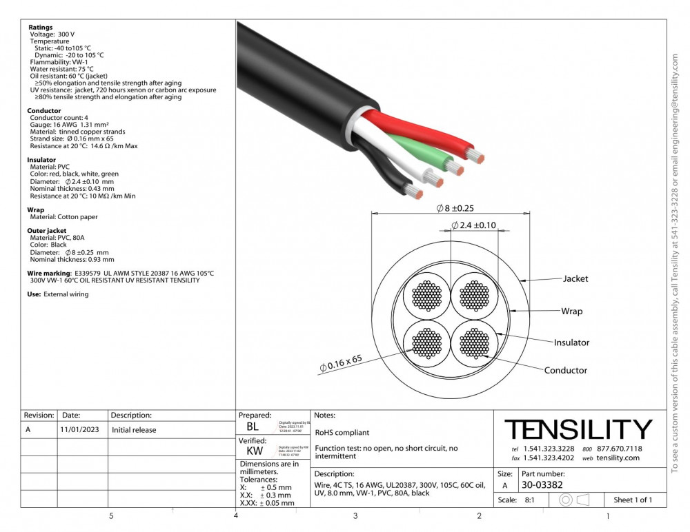 Tensility International 30-03382 cable drawing and specification sheet