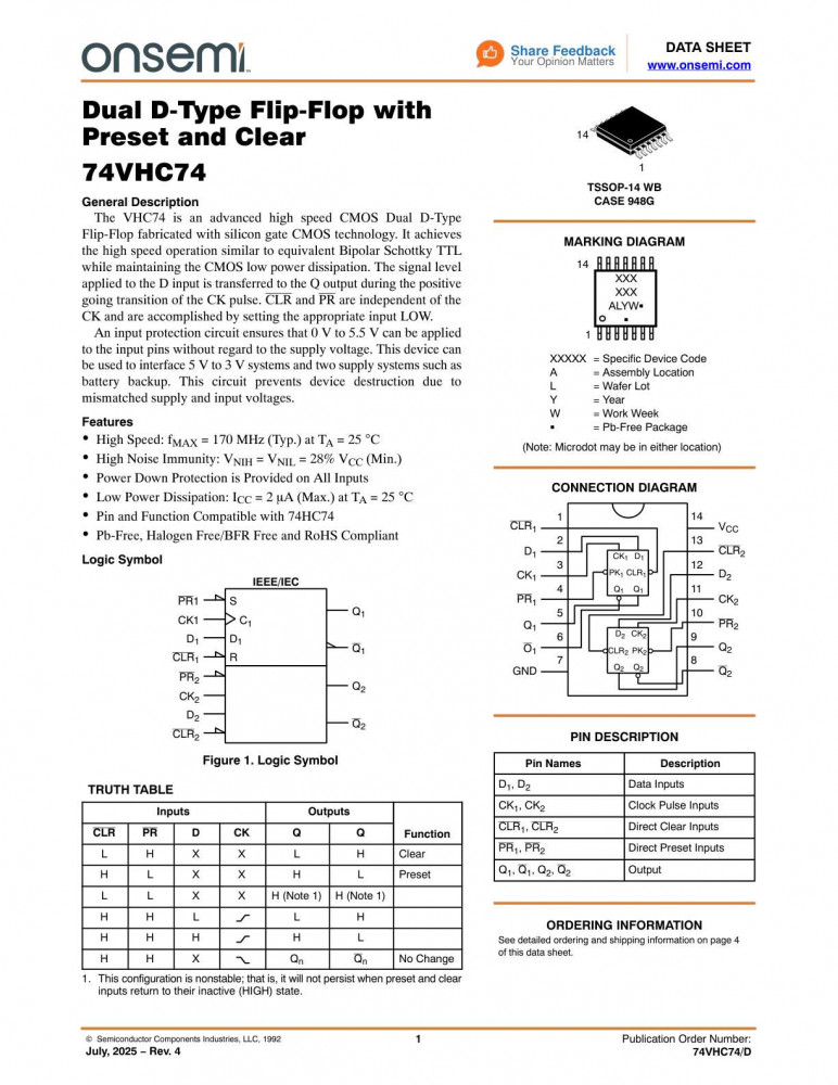74VHC74 datasheet page 1