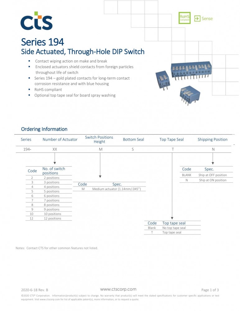 CTS Series 194 DIP switch datasheet page 1