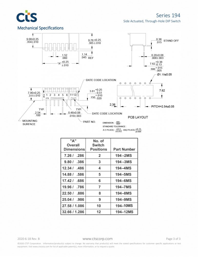 CTS Series 194 DIP switch datasheet page 3