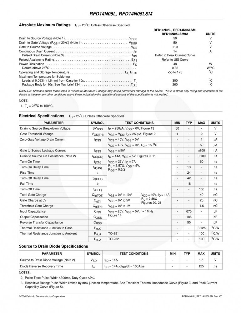 RFD14N05LSM9A datasheet page 3