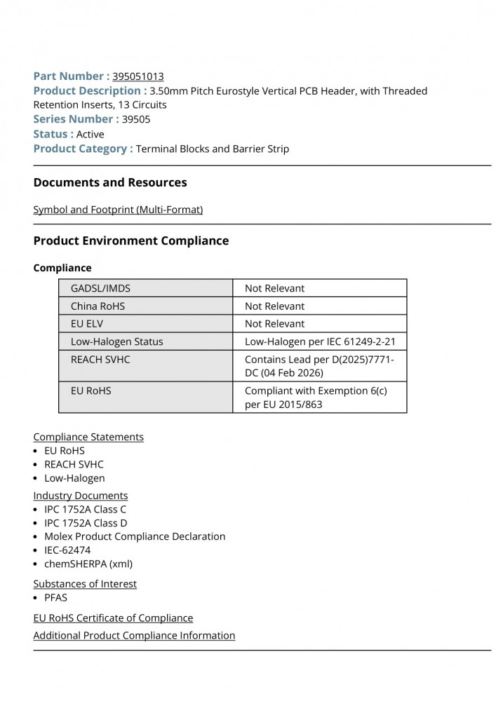 MOLEX 395051013 product documentation image 1