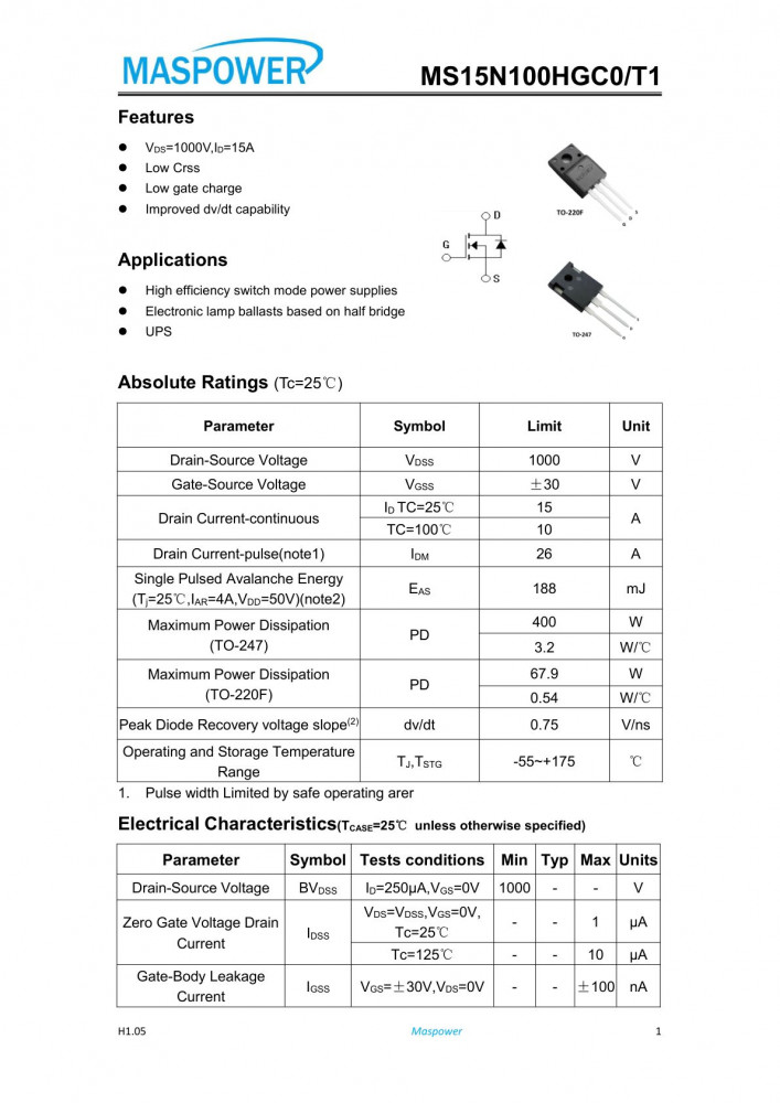 MS15N100HGT1 datasheet page 1