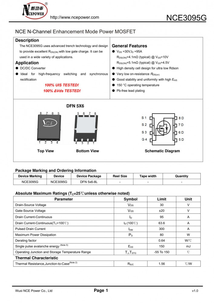 NCE3095G datasheet page 1
