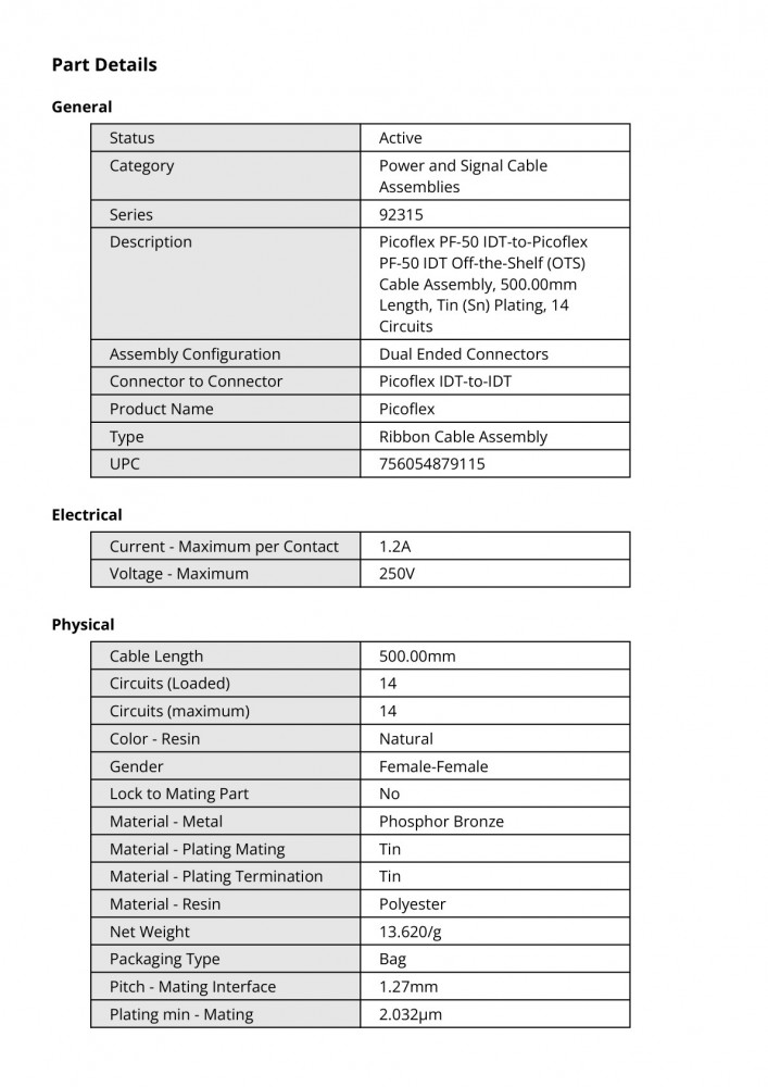 Technical document page 2 for Molex Picoflex assembly