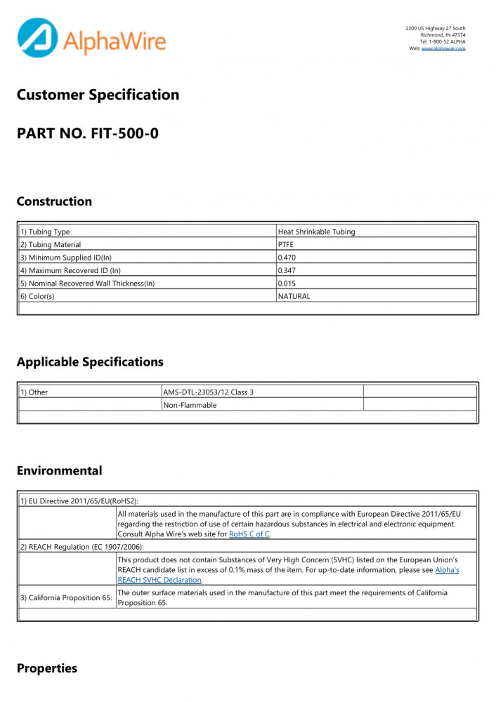 Alpha Wire FIT-500-0 technical document page 1