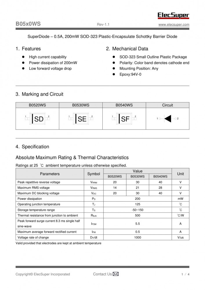 ElecSuper B0530WS datasheet page 1