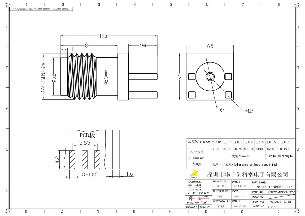 HOAUC SMA 180 degree DIP connector drawing
