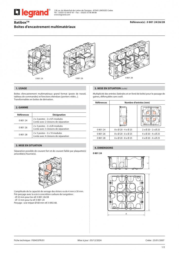 Legrand Batibox technical document, page 1