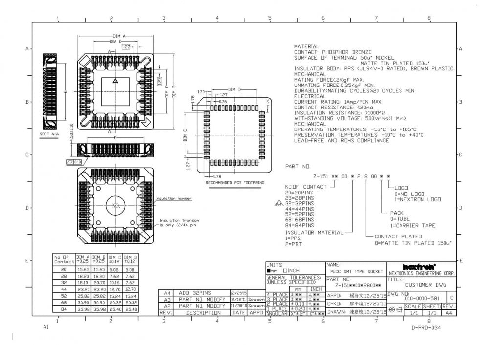 Nextron PLCC SMT type socket drawing for Z-15144001280000