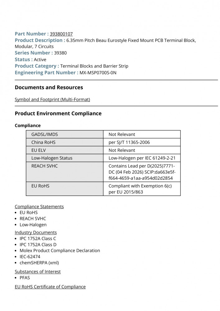 Technical document image 1 for MOLEX 393800107