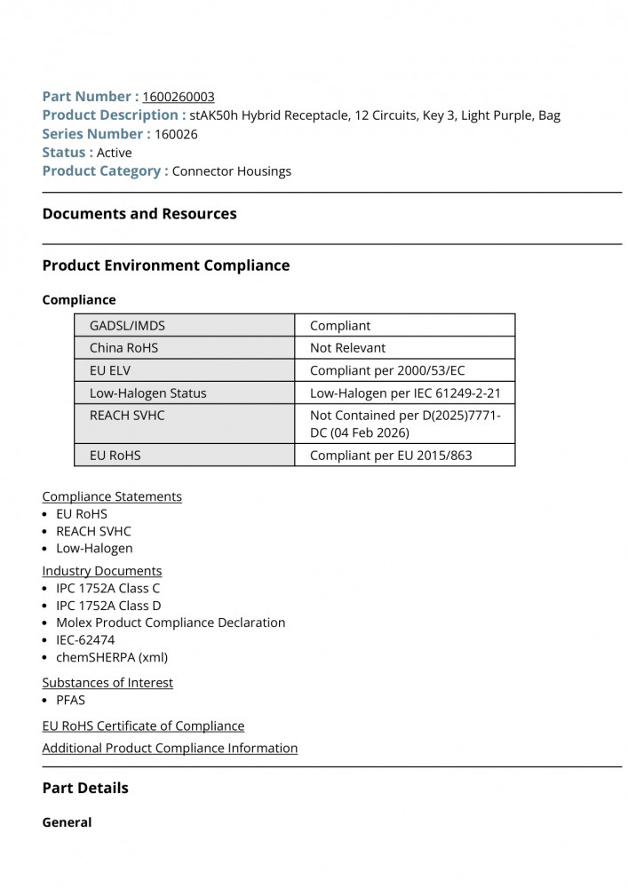 Technical document page 1 for MOLEX 1600260003