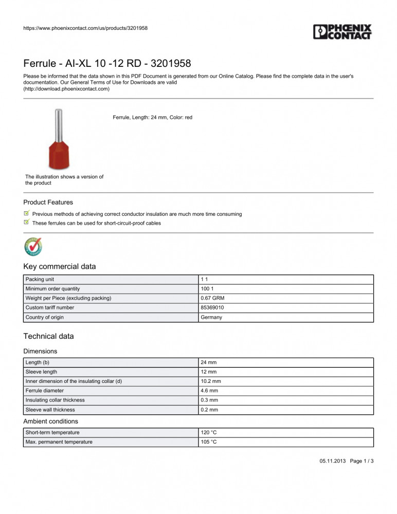Phoenix Contact 3201958 product data page