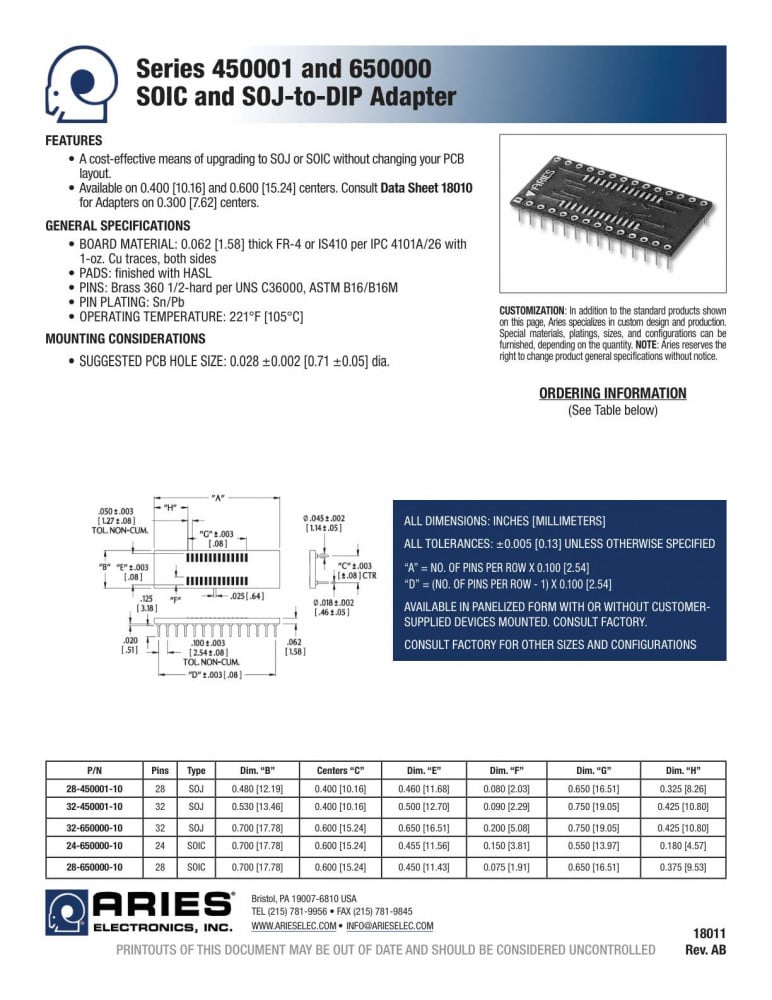 Aries Electronics SOIC and SOJ to DIP adapter datasheet page