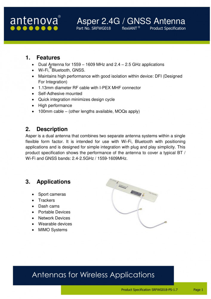 Antenova SRFWG018 technical document page 1