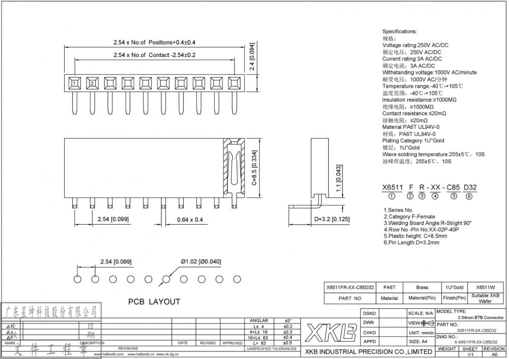 X6511FR-04-C85D32 technical drawing and PCB layout