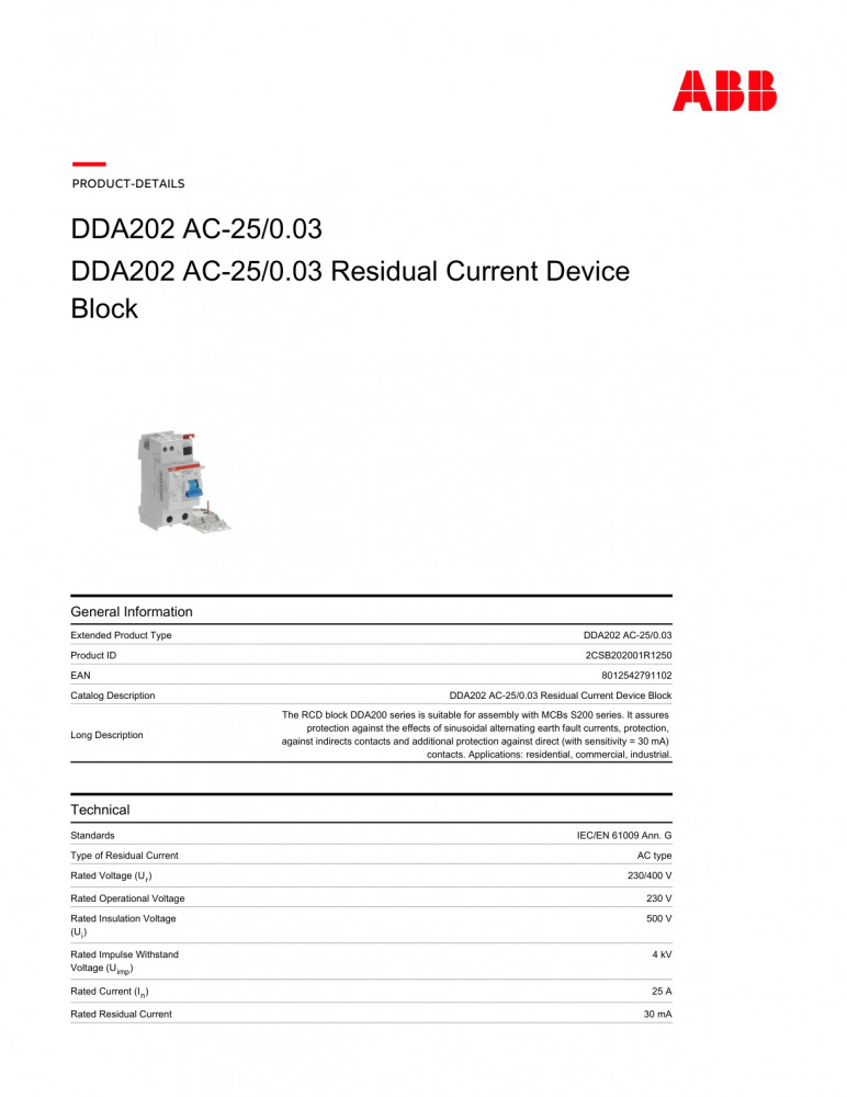 ABB DDA202 AC-25/0.03 technical document page 1