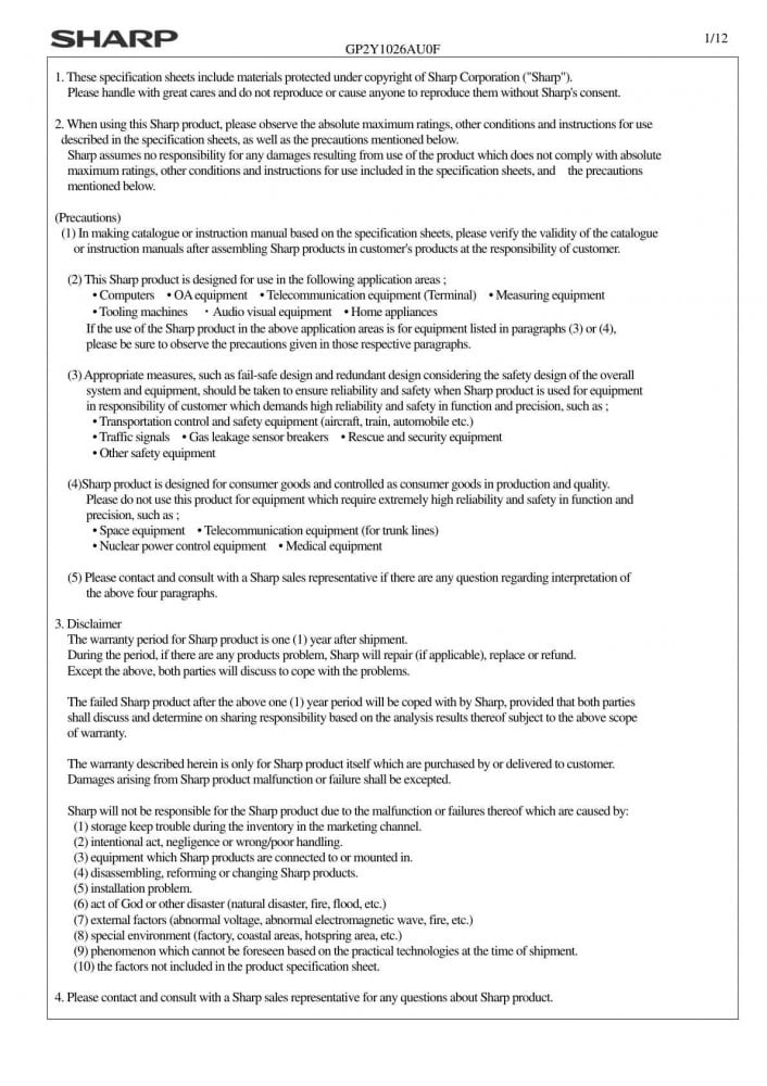 GP2Y1026AU0F datasheet page 1