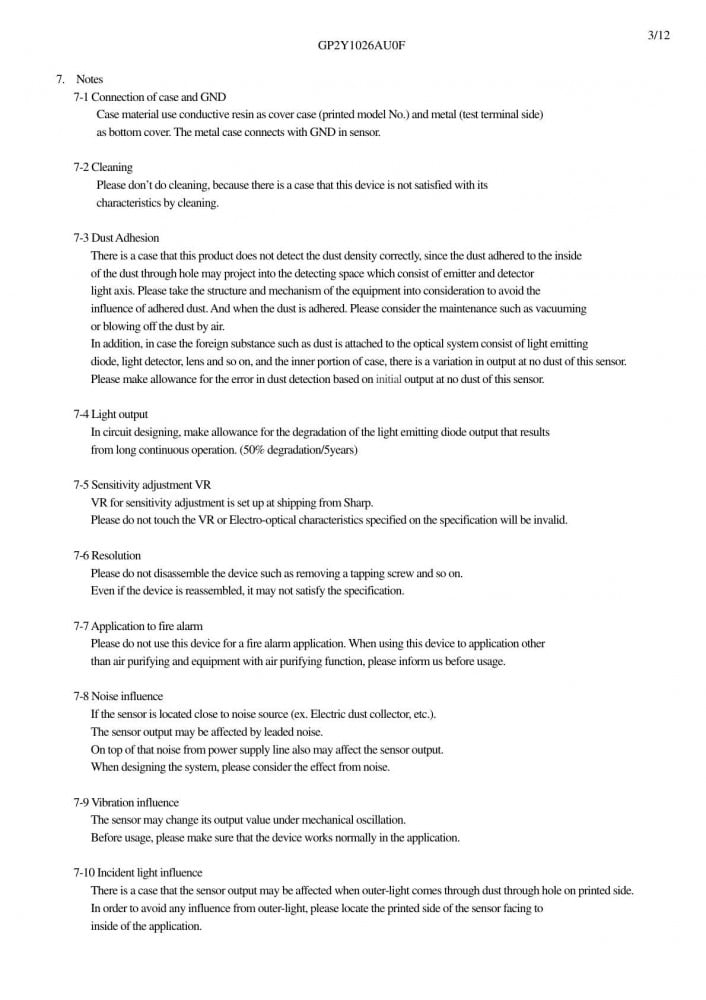 GP2Y1026AU0F datasheet page 3