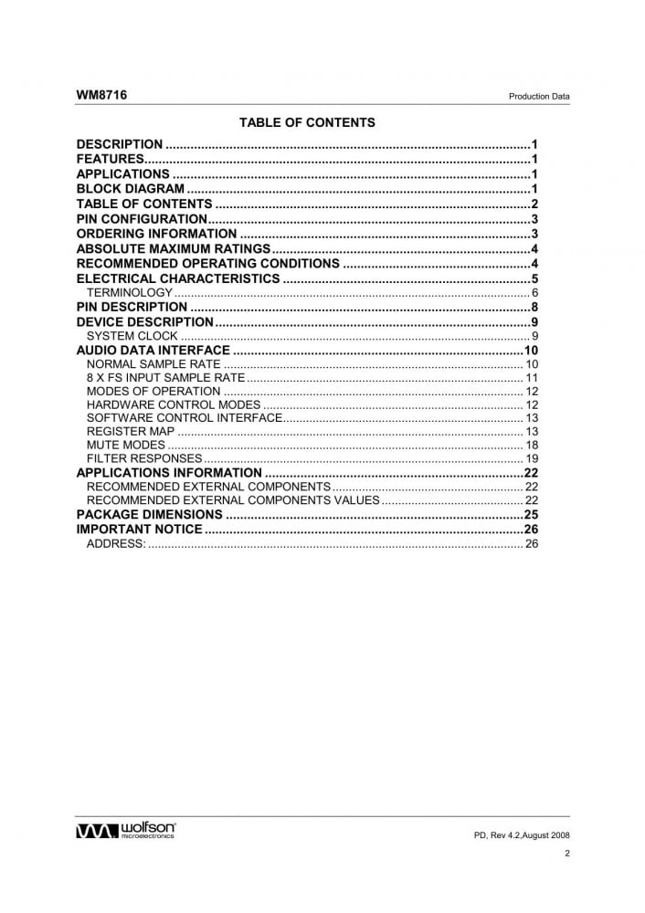 WM8716 datasheet page 2