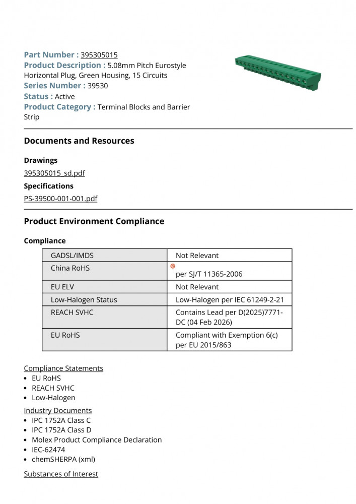 MOLEX 395305015 document preview page 1