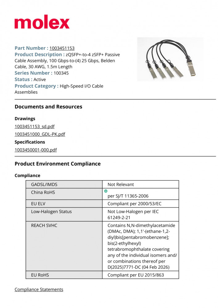 MOLEX 100345 Series product specification preview, page 1