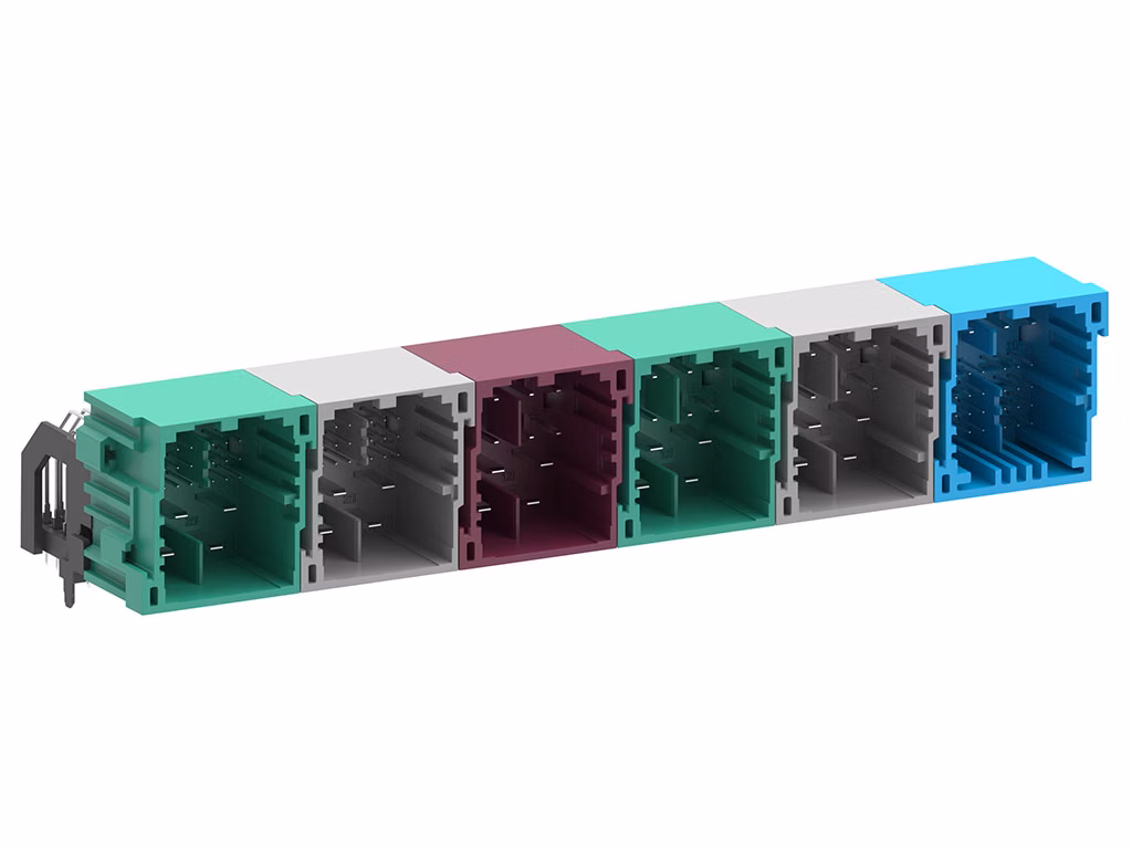 stAK50h 5 Bay Right-Angle Hybrid Header, 143 Circuits, Bay 1: 32 Circuits/Key 3/Dark Gray; Bay 2: 32 Circuits/Key 4/Purple; Bay 3: 27 Circuits/Key 3/Blue; Bay 4: 27 Circuits/Key 1/Black; Bay 5: 25 Circuits/Key 1/Green; Tube
