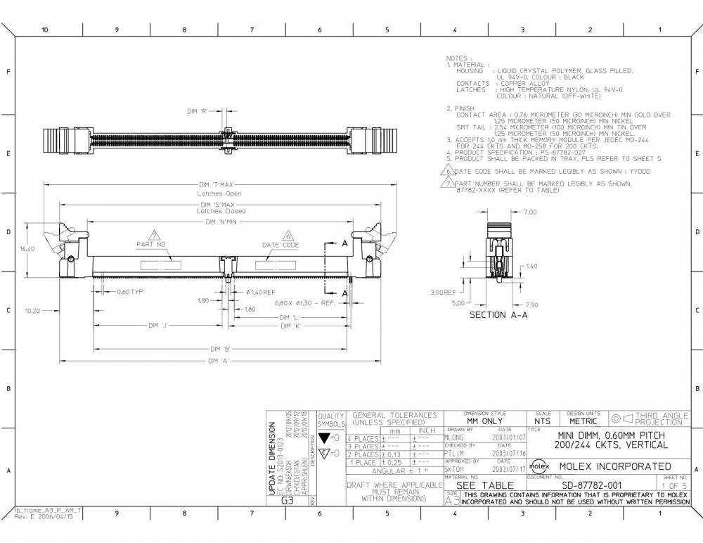 Mini DIMM socket technical drawing, page 1