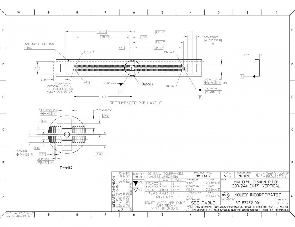 Mini DIMM socket drawing with recommended PCB layout