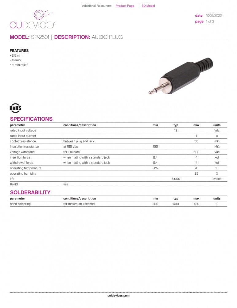 CUI SP-2501 datasheet page 1