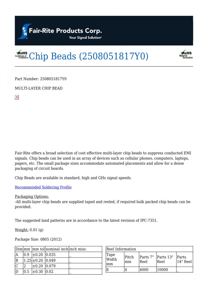 Fair-Rite 2508051817Y0 technical document page 1