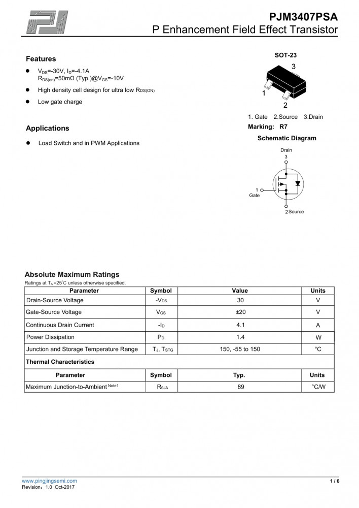 PJM3407PSA datasheet page 1