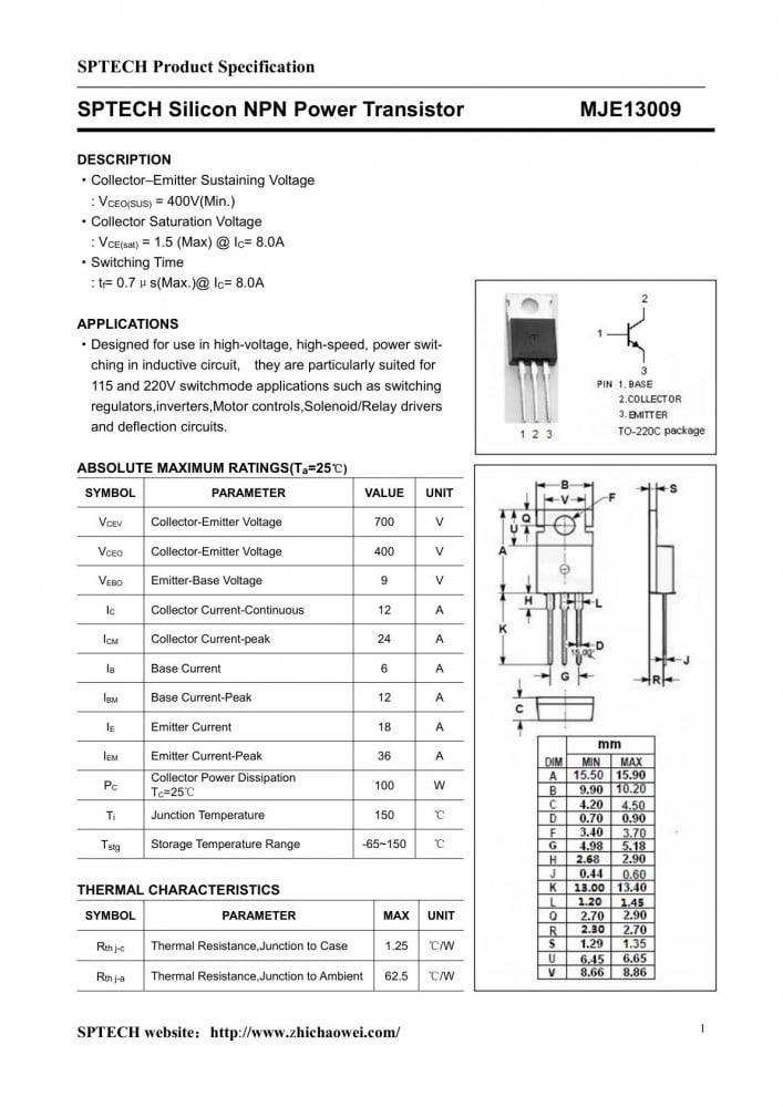 MJE13009 SPTECH datasheet page 1