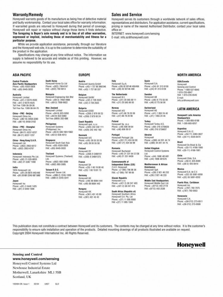 Honeywell 943 Series ultrasonic distance sensor document page 2