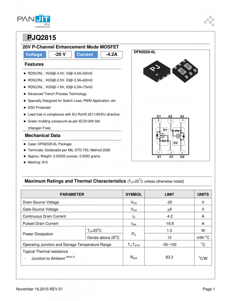 PJQ2815 datasheet page 1