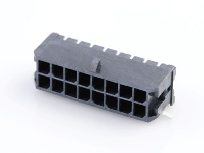 Micro-Fit 3.0 Right-Angle Header, 3.00mm Pitch, Dual Row, 16 Circuits, with Solder Tab, 0.76µm Gold Plating, Glow-Wire Capable, Black, Tape and Reel for sale